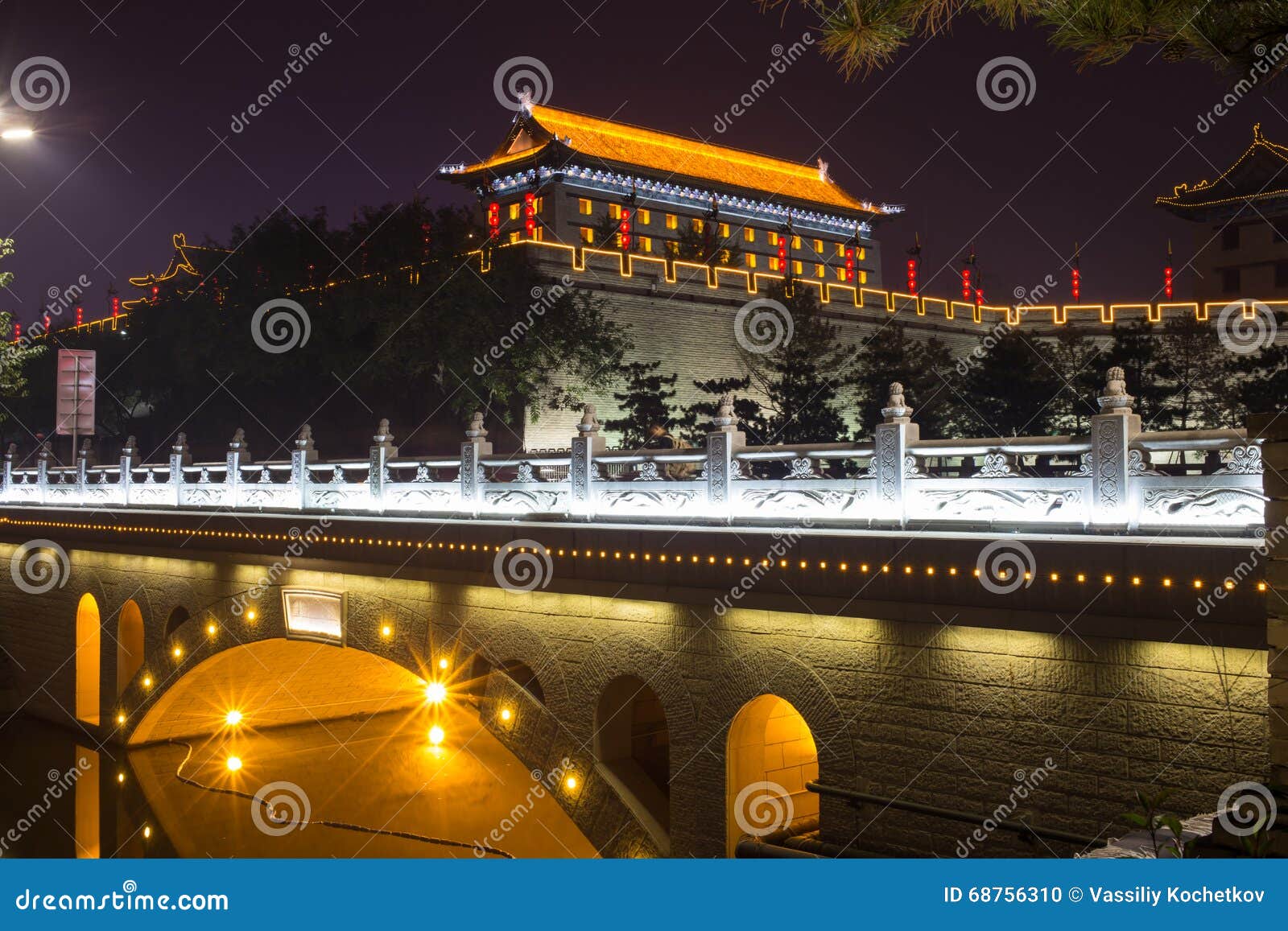 Illuminated Famous Ancient Bell Tower at Night. China, Xian Stock Photo ...