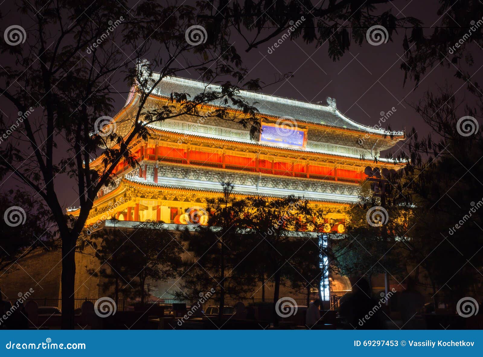 Illuminated Famous Ancient Bell Tower at Night. China, Xian Stock Image ...