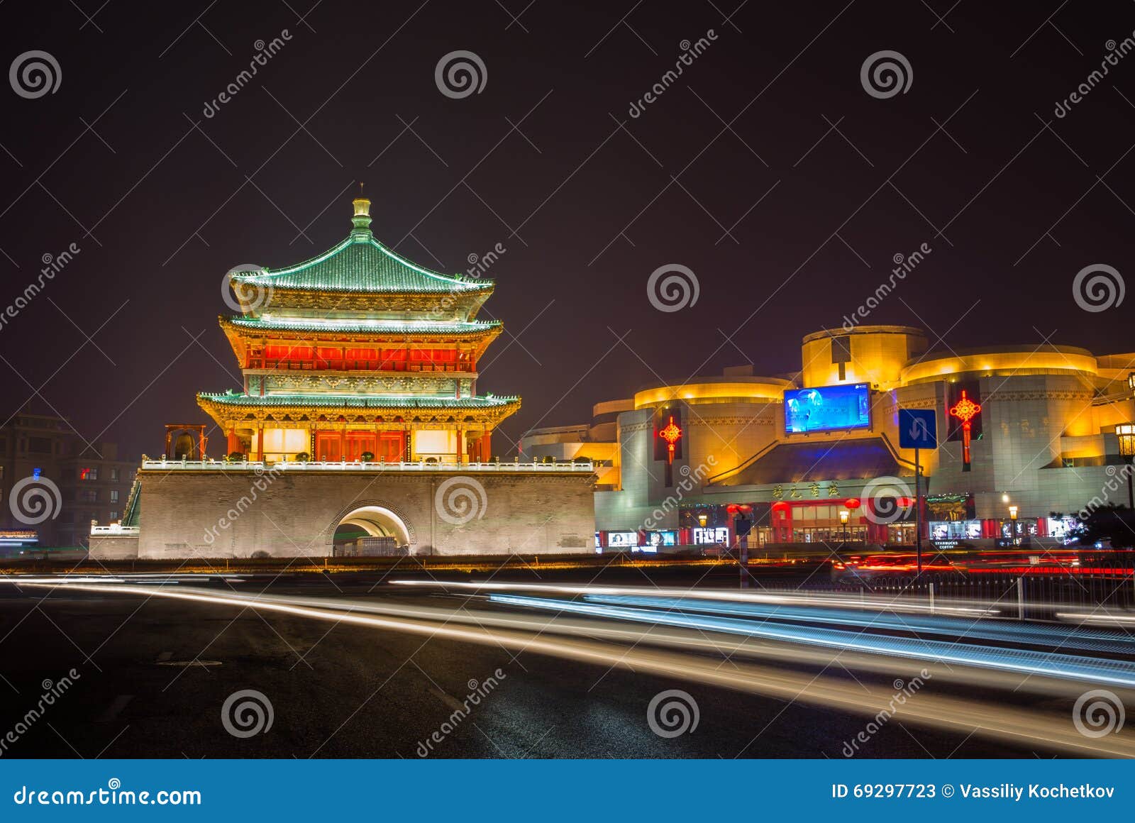 Illuminated Famous Ancient Bell Tower at Night. China, Xian Editorial ...