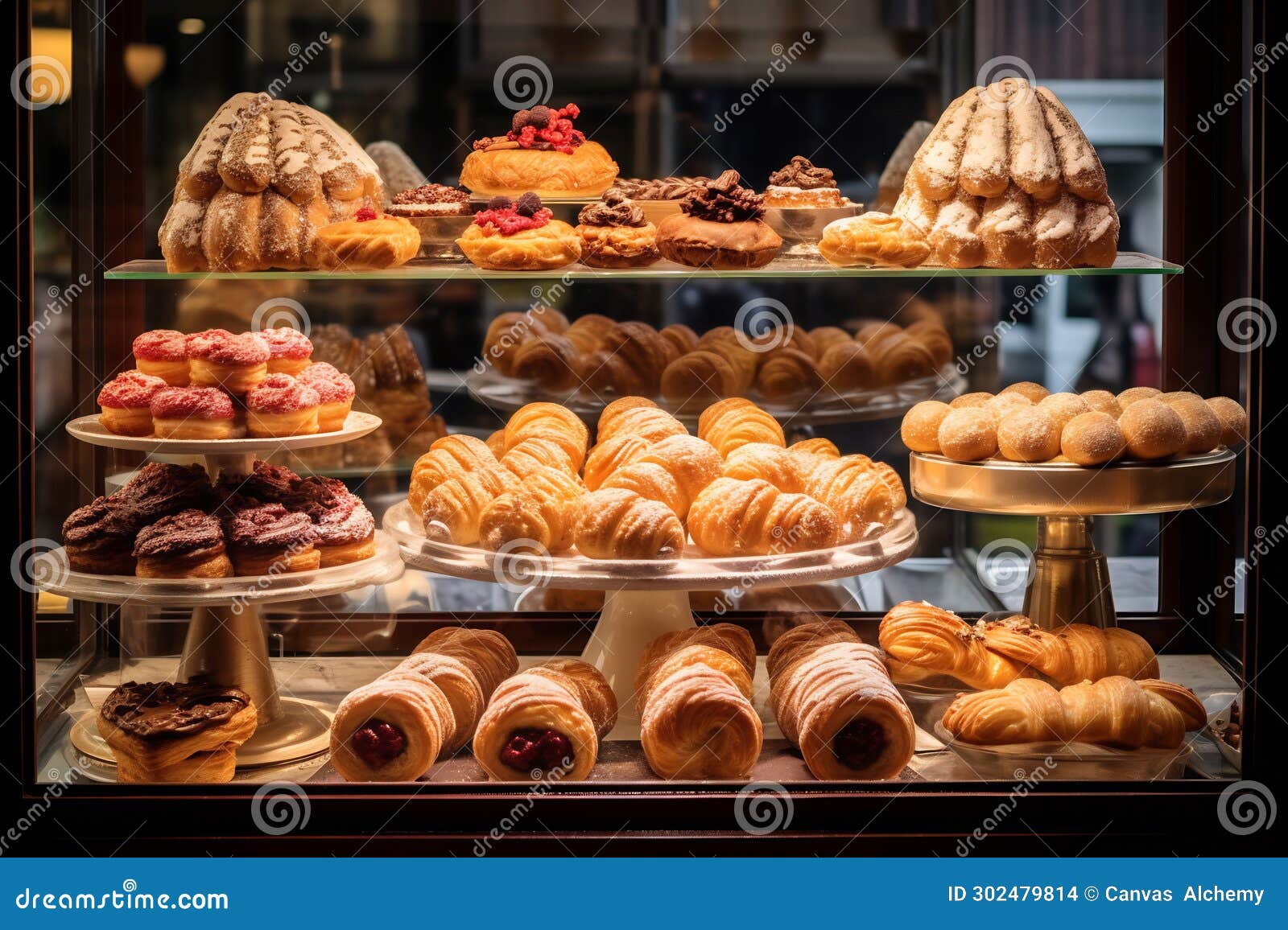 Illuminated French Pastry Window Display Stock Photo - Image of luxury ...