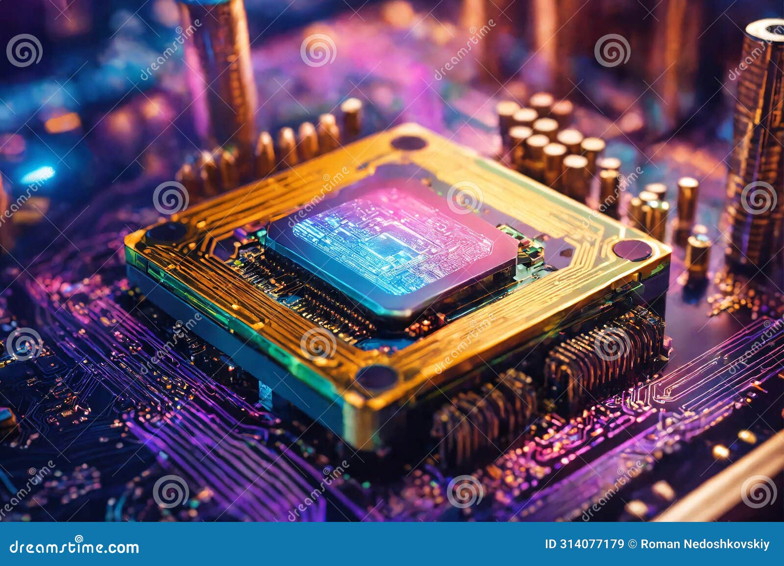 Illuminated Futuristic Computer Chip on the Motherboard Stock ...