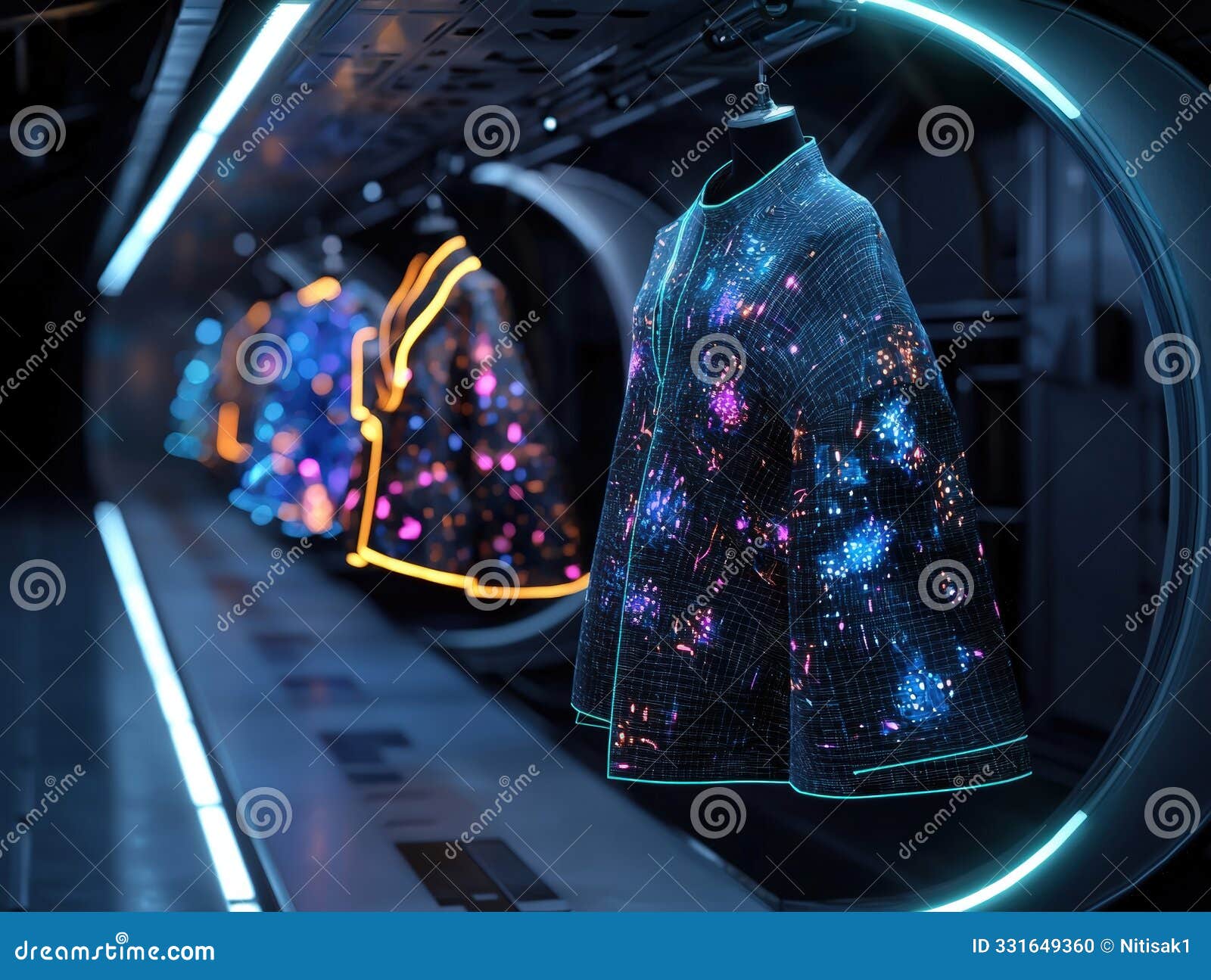 Illuminated Futuristic Jacket Designs Hanging in a Modern Display ...