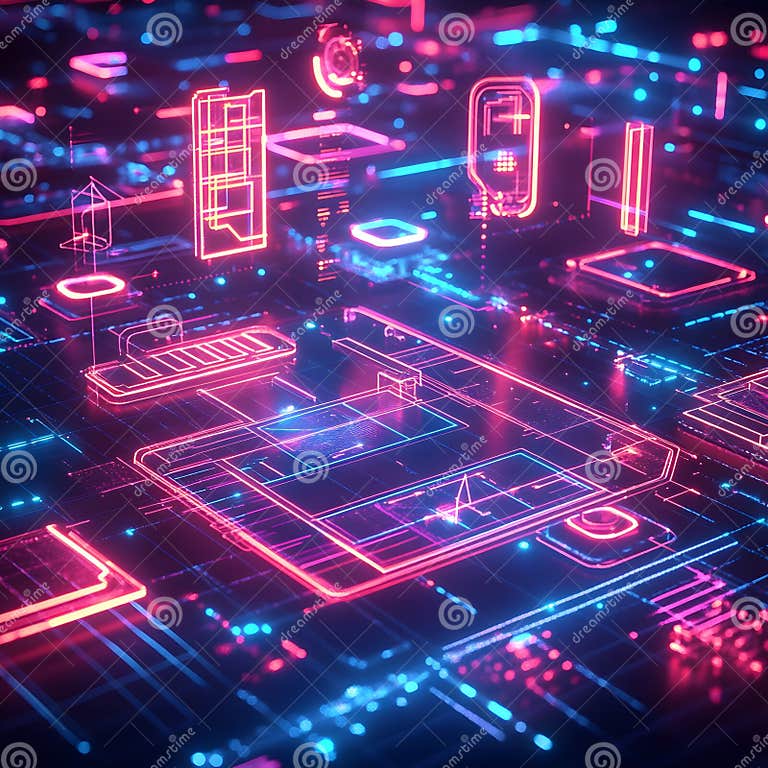 Illuminated Futuristic Virtual Design Studio with Floating Neon ...