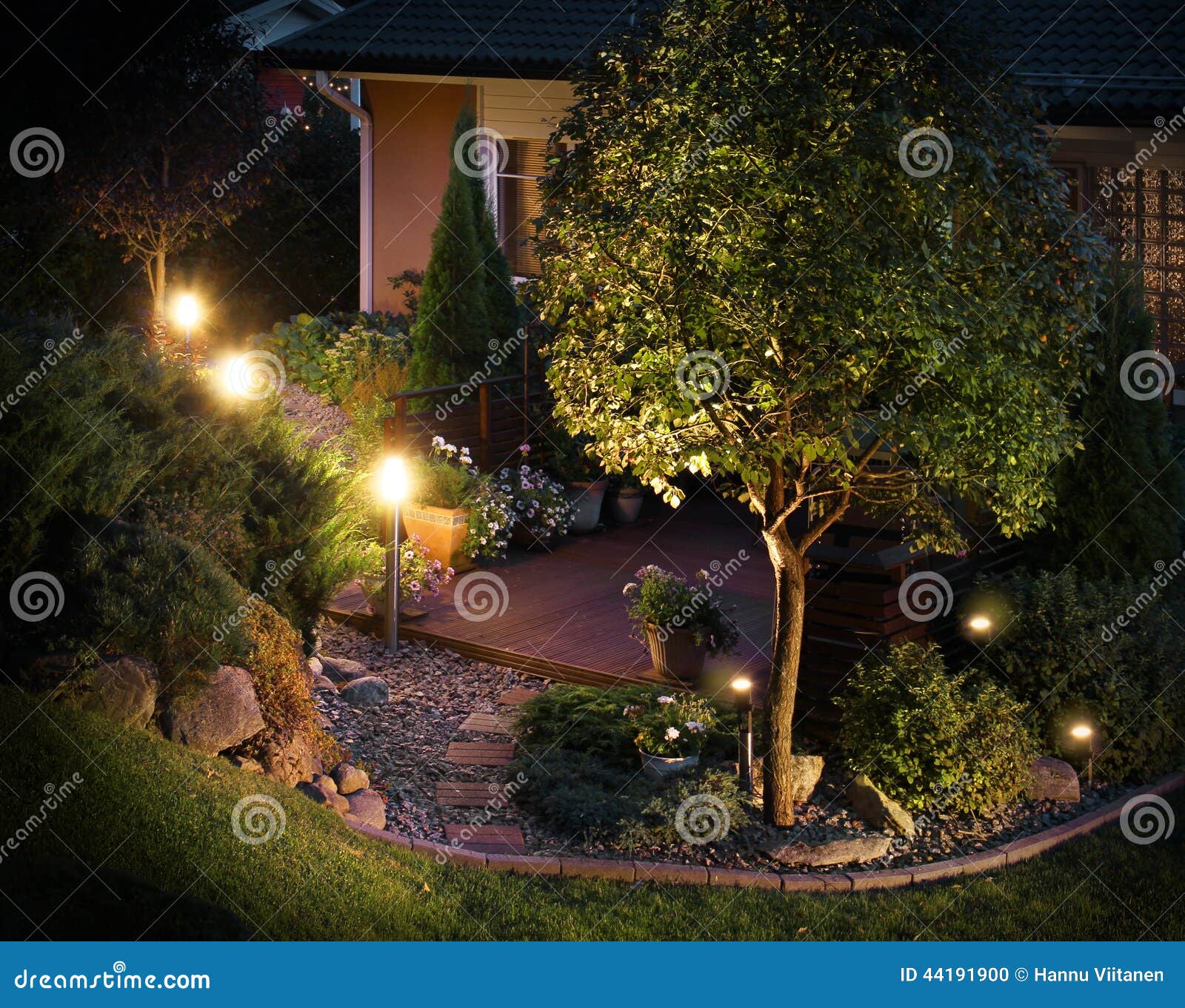 Illuminated Garden Path Patio Stock Photo - Image of garden, patio ...