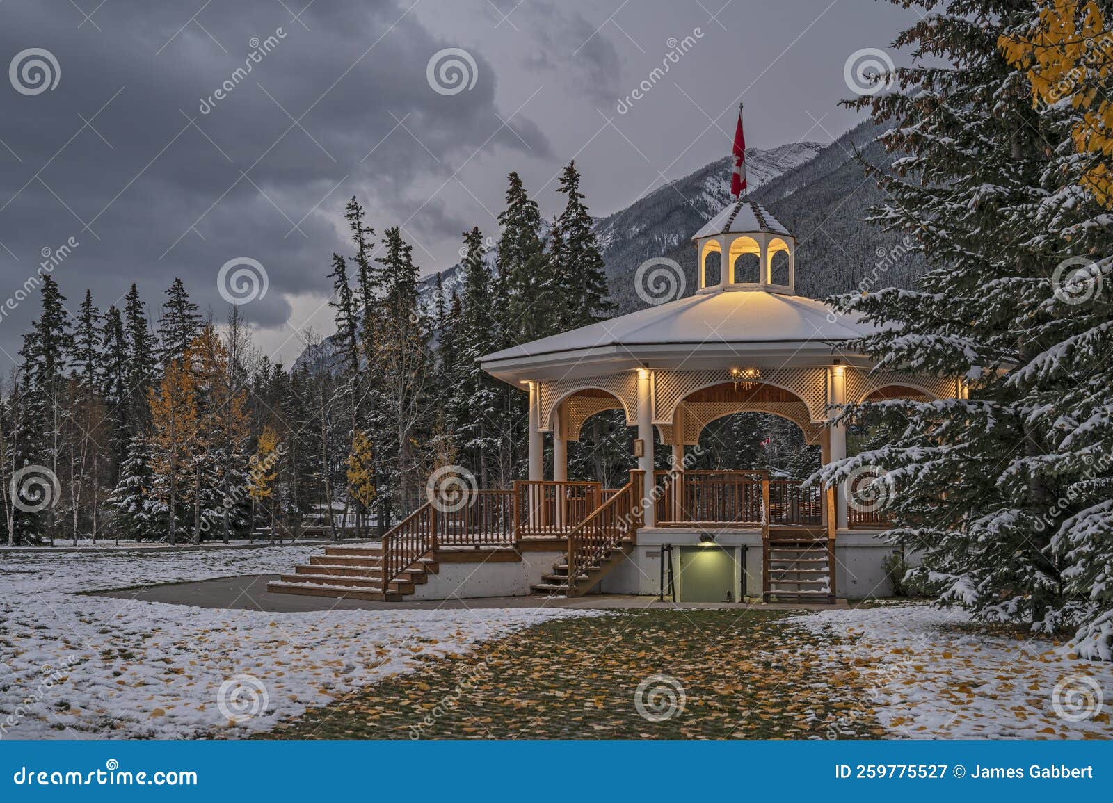 Illuminated Gazebo in Banff Stock Image - Image of building, mountain ...