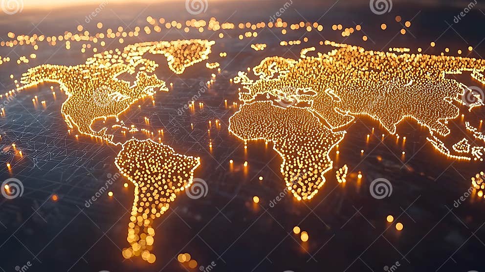 Illuminated Global Network World Map with Glowing Nodes and Connections ...