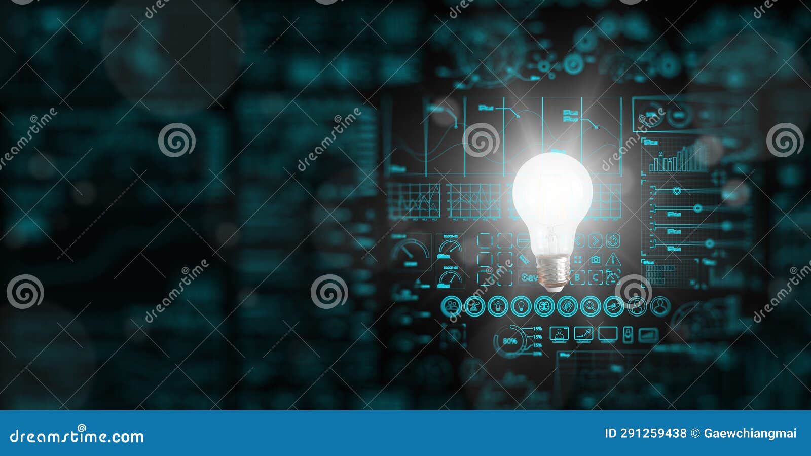 An Illuminated or Glowing Lightbulb on a Dark Background with Data and ...