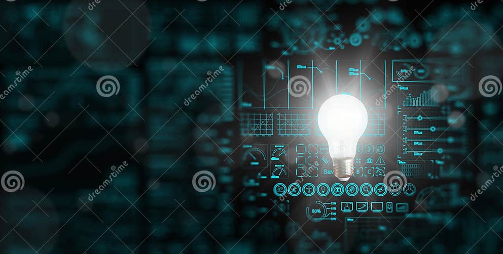 An Illuminated or Glowing Lightbulb on a Dark Background with Data and ...