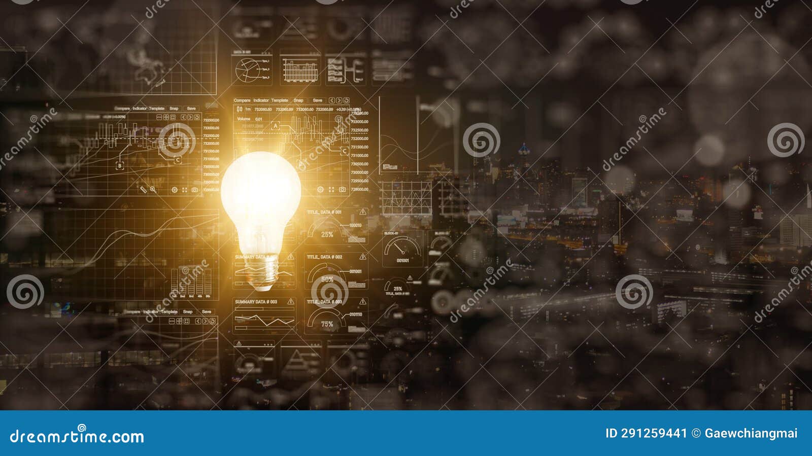 An Illuminated or Glowing Lightbulb on a Dark Background with Data and ...