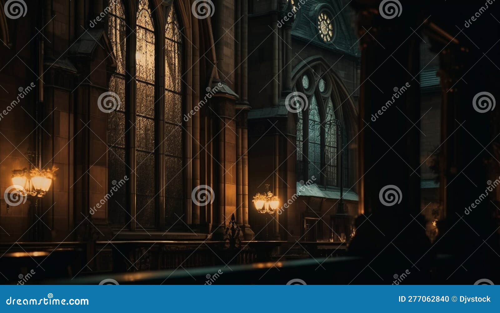 Illuminated Gothic Mansion With Turrets, Surrounded By Twisted Trees ...