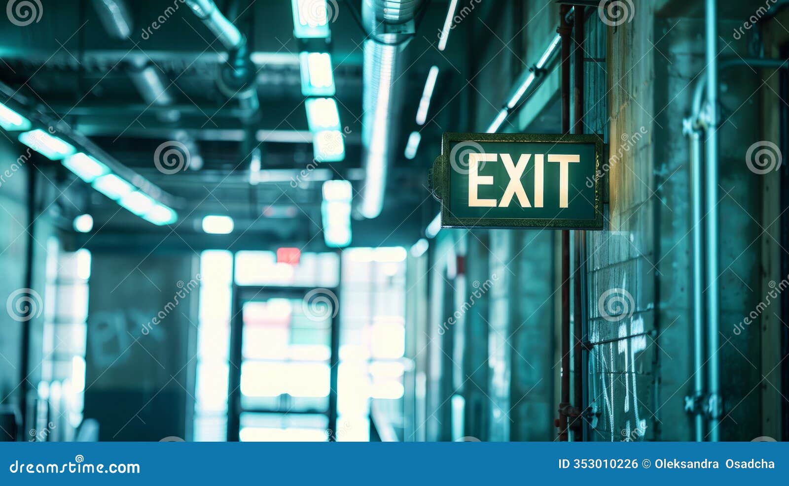 Illuminated Green Exit Sign in Corridor. Stock Photo - Image of indoors ...