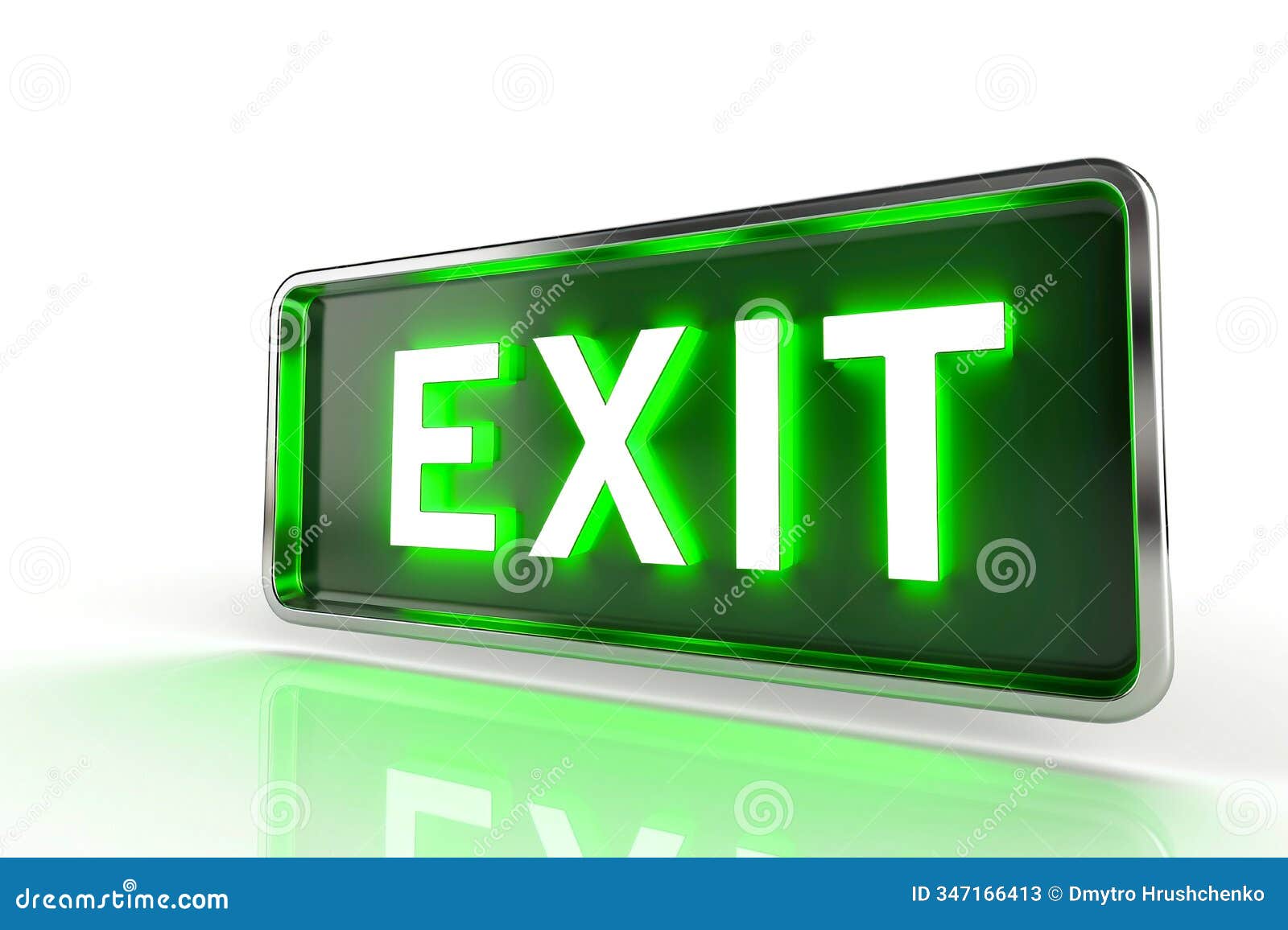 Illuminated Green Exit Sign on a Reflective Surface, Symbolizing Safety ...