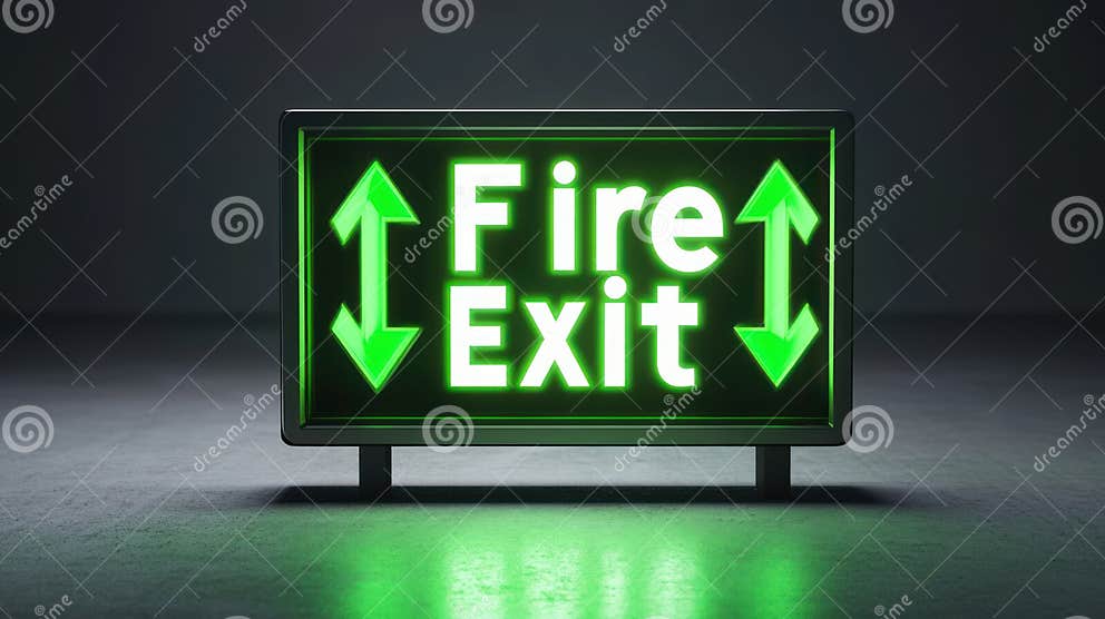 Illuminated Green Fire Exit Sign with Up Arrows Stock Illustration ...