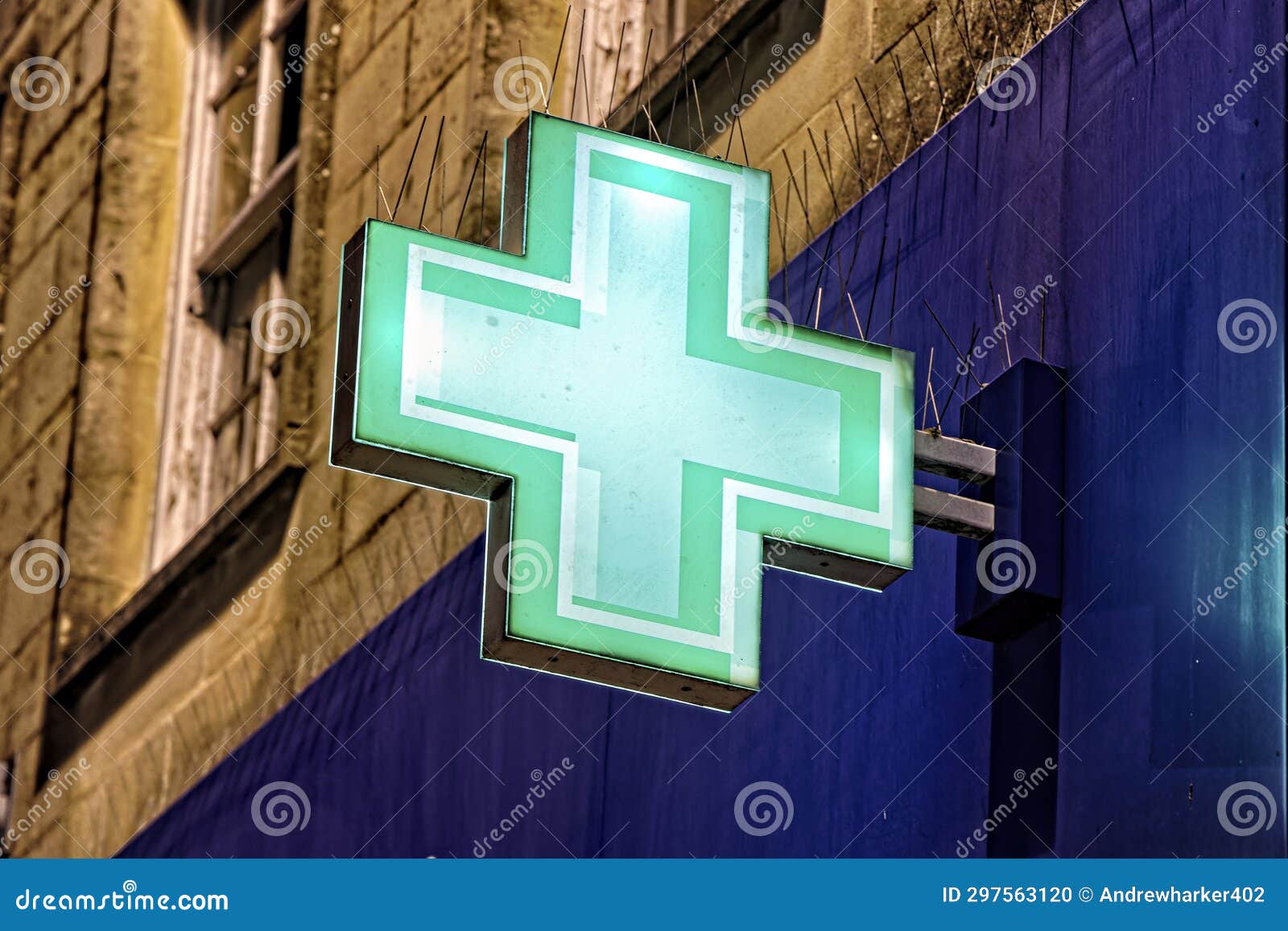 An Illuminated Green First Aid Cross Sign Stock Photo - Image of ...