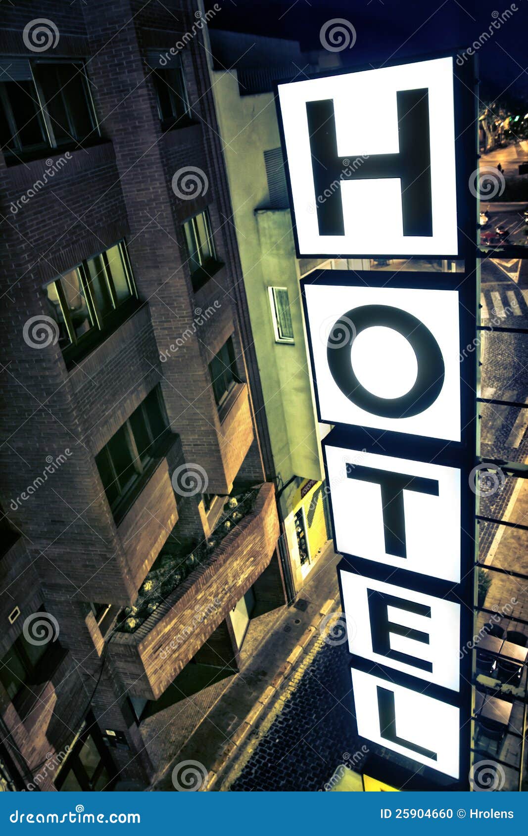 Illuminated Hotel Sign at Night Stock Photo - Image of exterior ...