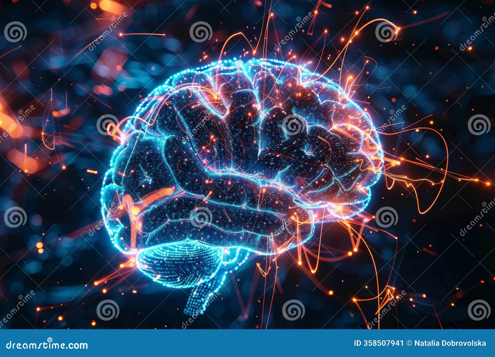 Illuminated Human Brain with Dynamic Light Trails Symbolizing ...