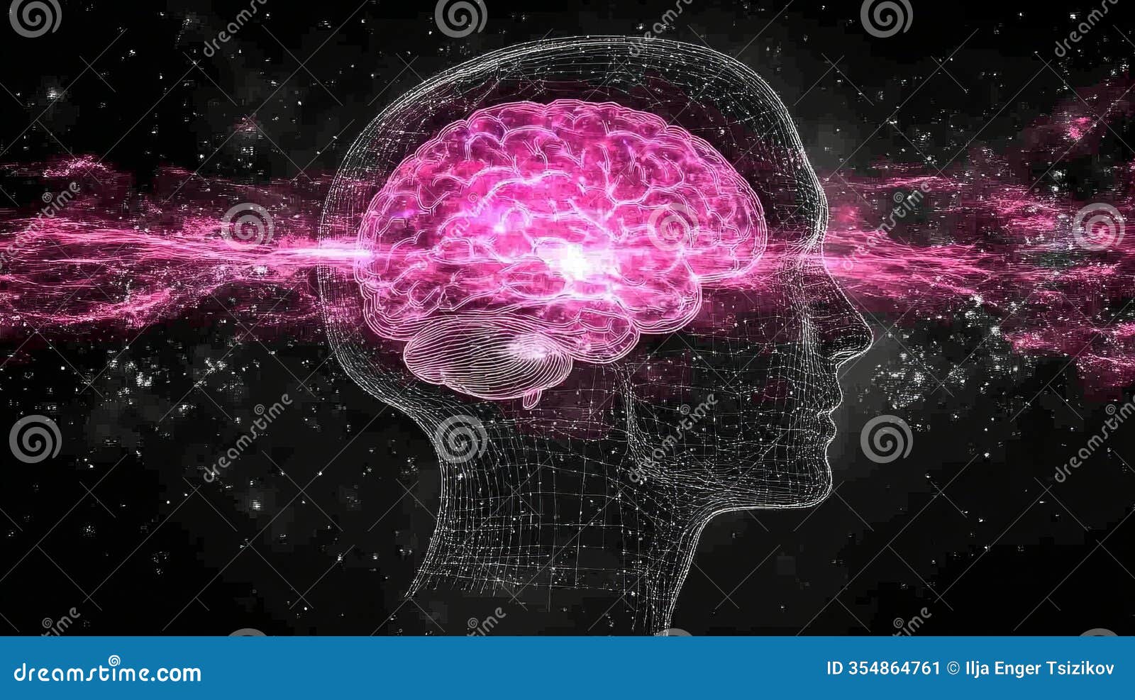 Illuminated Human Brain in Transparent Head, Galaxy Background, Concept ...