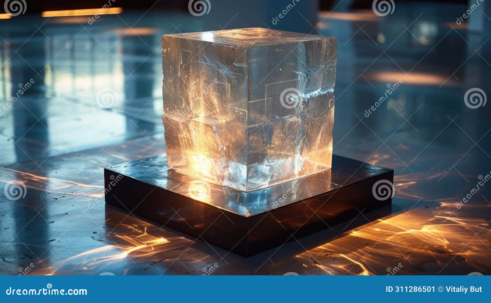 Illuminated Ice Cube Sculpture on a Reflective Surface Stock Image ...
