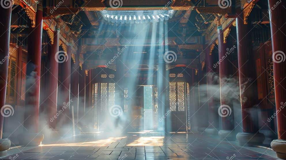 Illuminated Interior of a Wisdom Temple with Dust Particles and ...