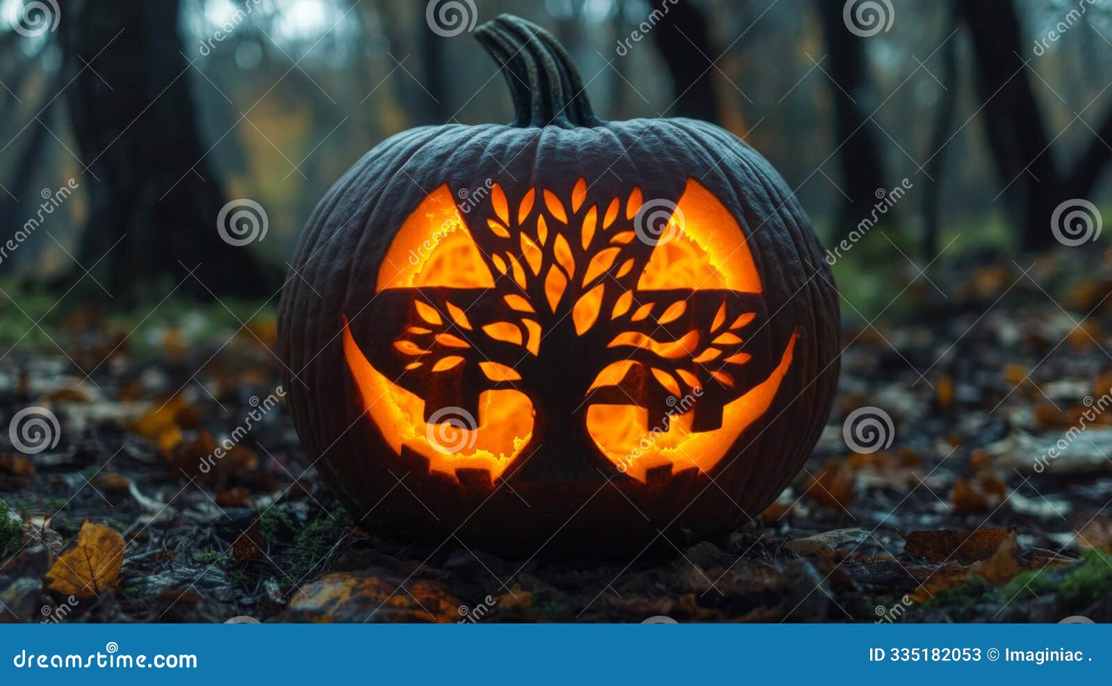 Illuminated Jack-O -Lantern with Tree Carving in a Forest Setting Stock ...