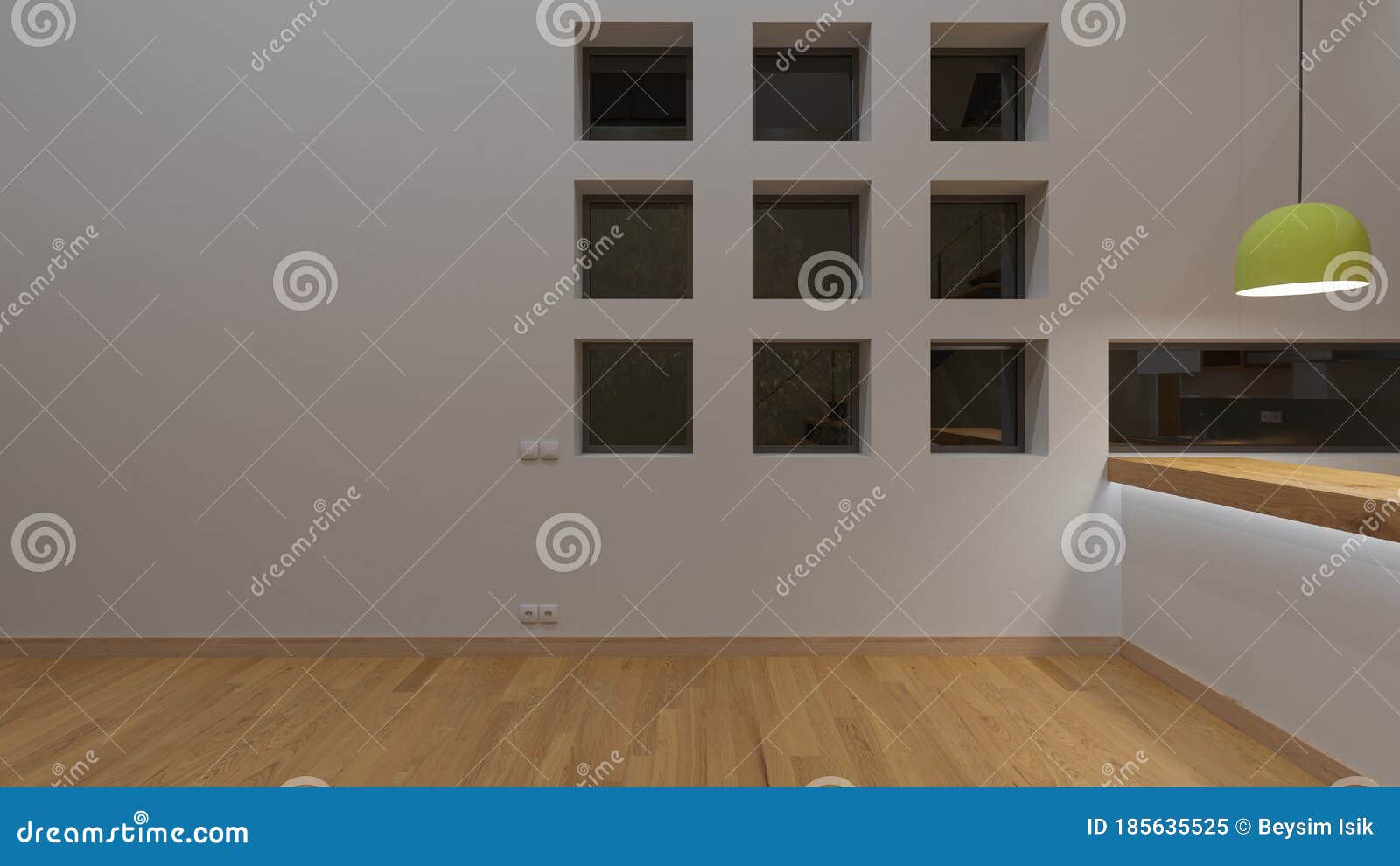 Illuminated Kitchen Counter by the Windows in the Nighttime Stock ...
