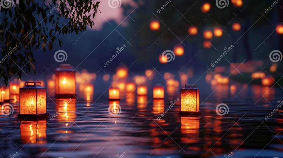 Illuminated Lanterns Floating on Calm Water at Dusk Stock Illustration ...
