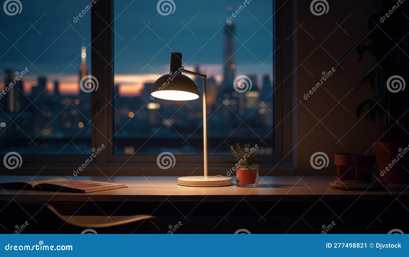 The Illuminated Library Desk in the Modern Skyscraper at Dusk Generated ...