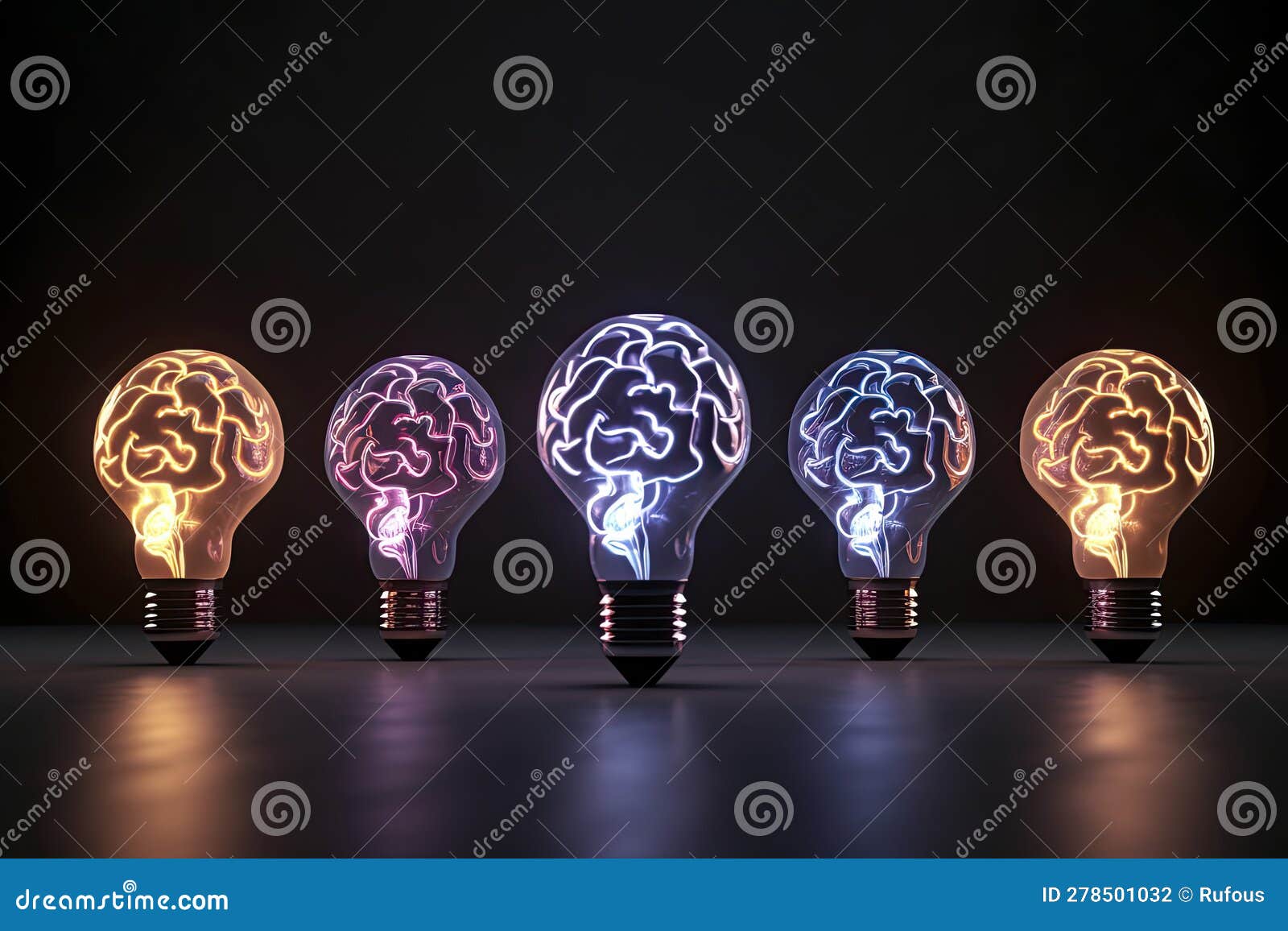 Illuminated Light Bulb with Brain Inside in a Row. One Different ...