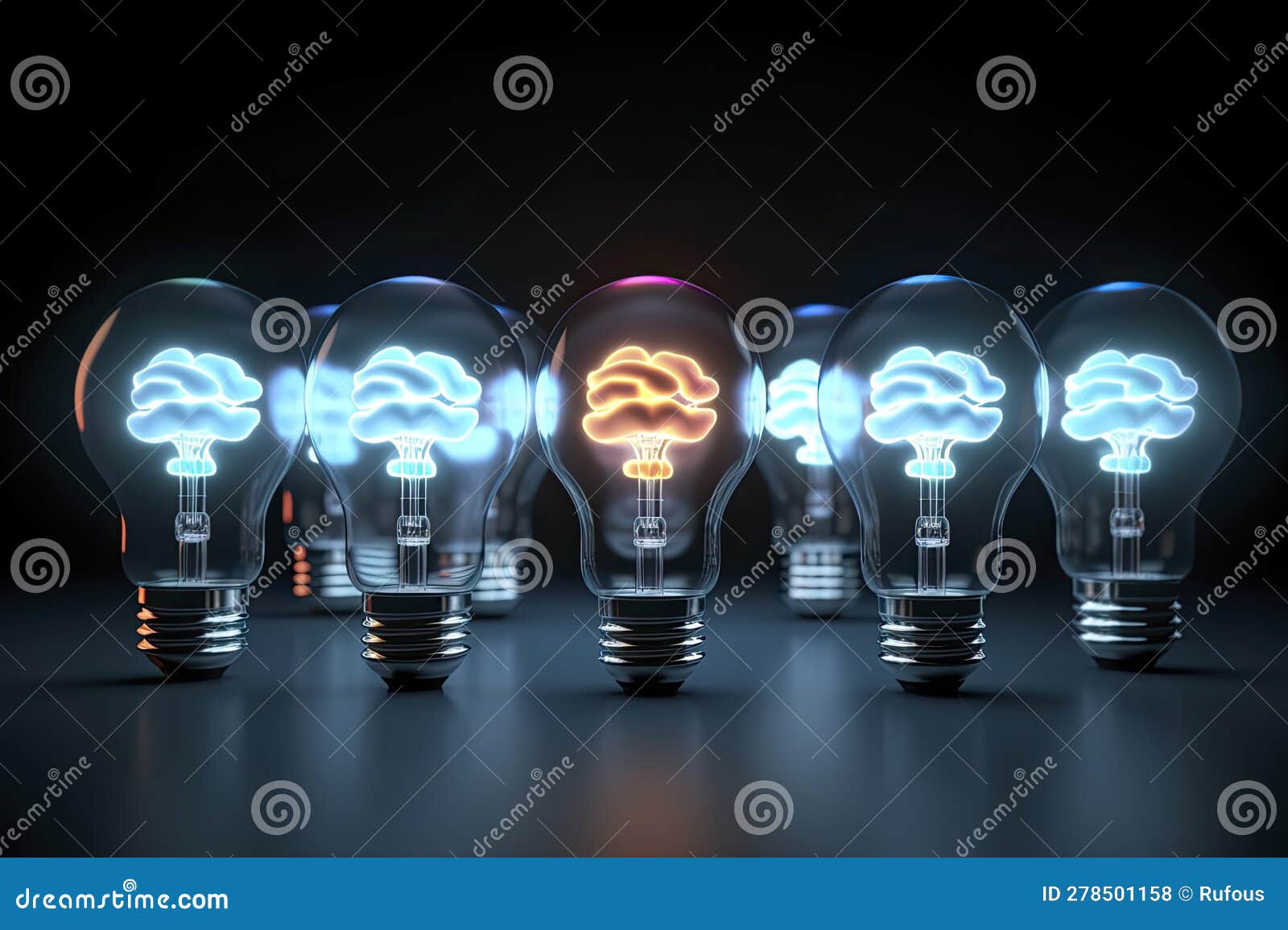 Illuminated Light Bulb with Brain Inside in a Row. One Different ...