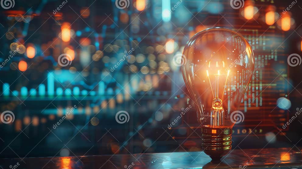 Illuminated Light Bulb with Digital Overlay Symbolizing Creativity ...