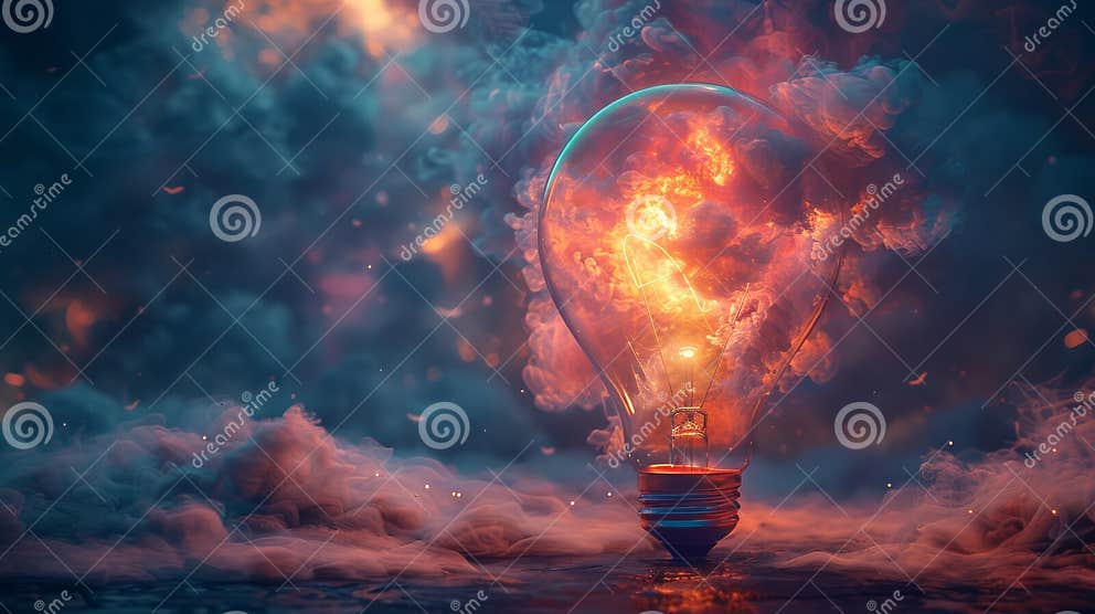 Illuminated Light Bulb with Fiery Clouds in a Surrealistic Scene Stock ... Illuminated Light Bulb with Fiery Clouds in a Surrealistic Scene Stock ...