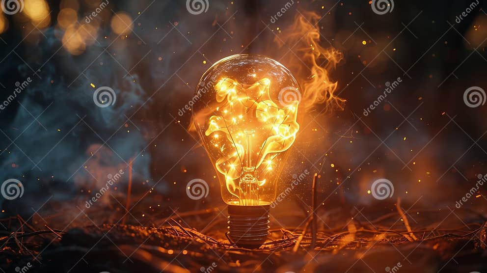 Illuminated Light Bulb with Fire Inside Stock Image - Image of creative ...
