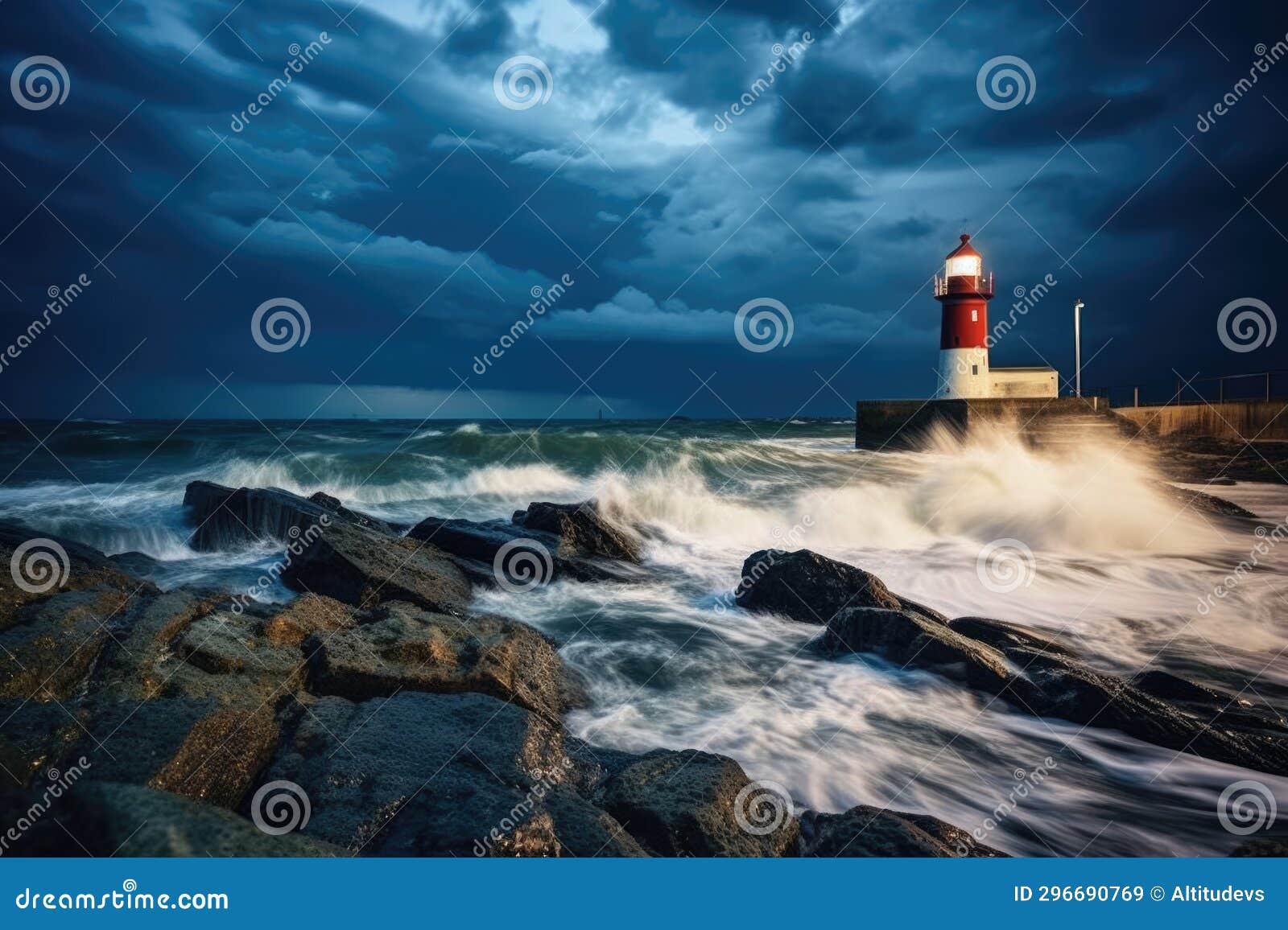 Illuminated Lighthouse during a Stormy Night Stock Image - Image of ...