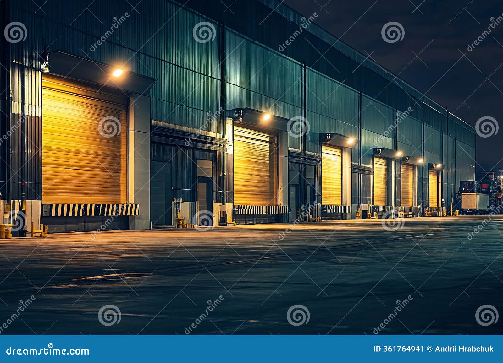 Industrial Warehouse at Night with Illuminated Loading Docks and Clean ...