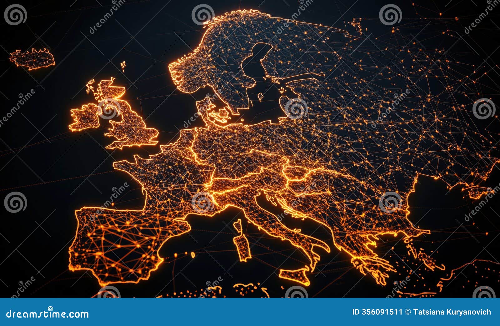 Illuminated Map of Europe, Network Connections, Digital Representation ...