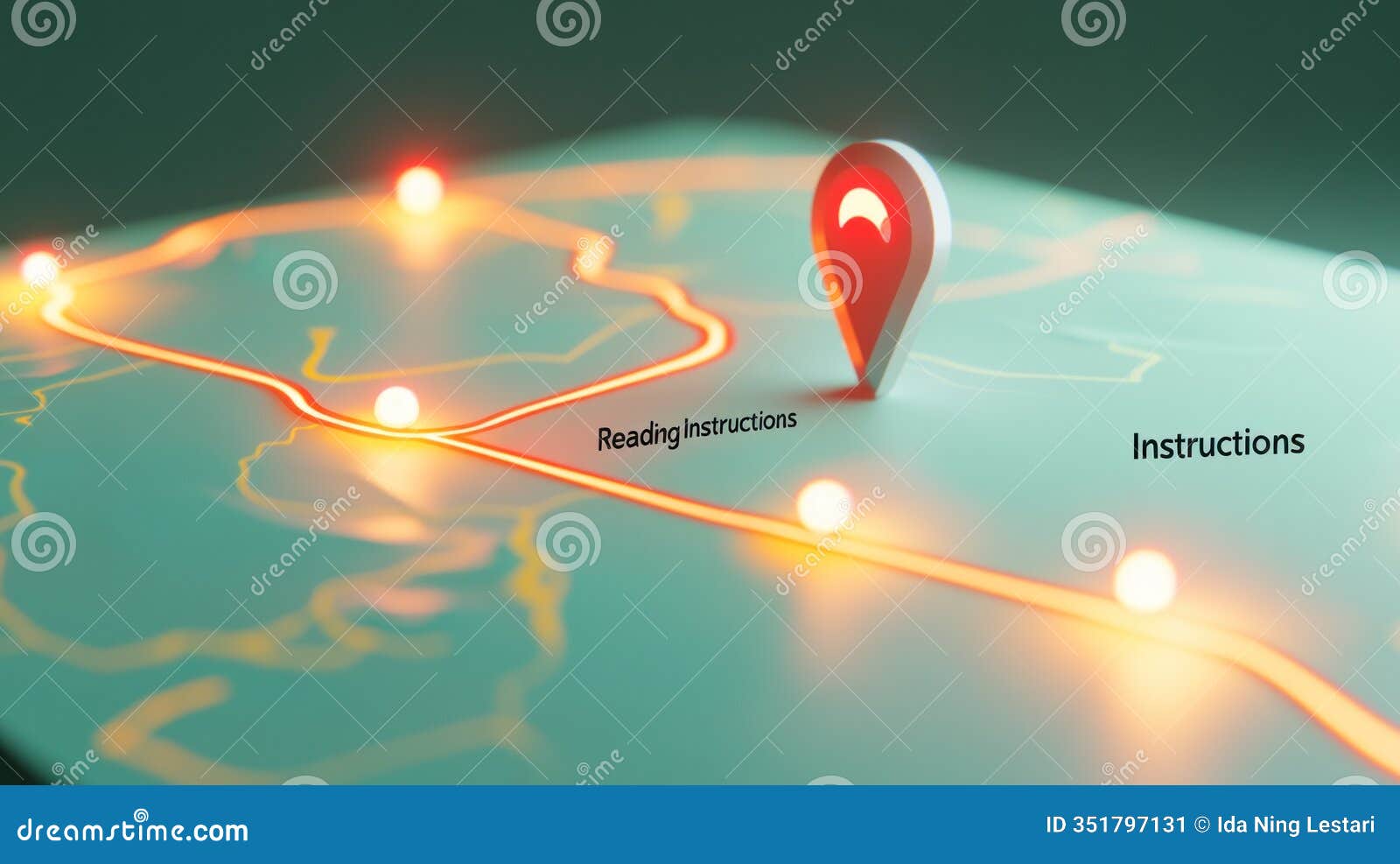 Illuminated Map Route with Location Pin and Instructions Stock ...