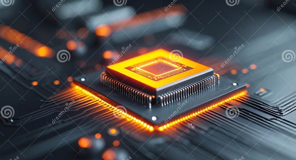 Illuminated Microchip on Circuit Board Glowing Orange. Stock Photo ...