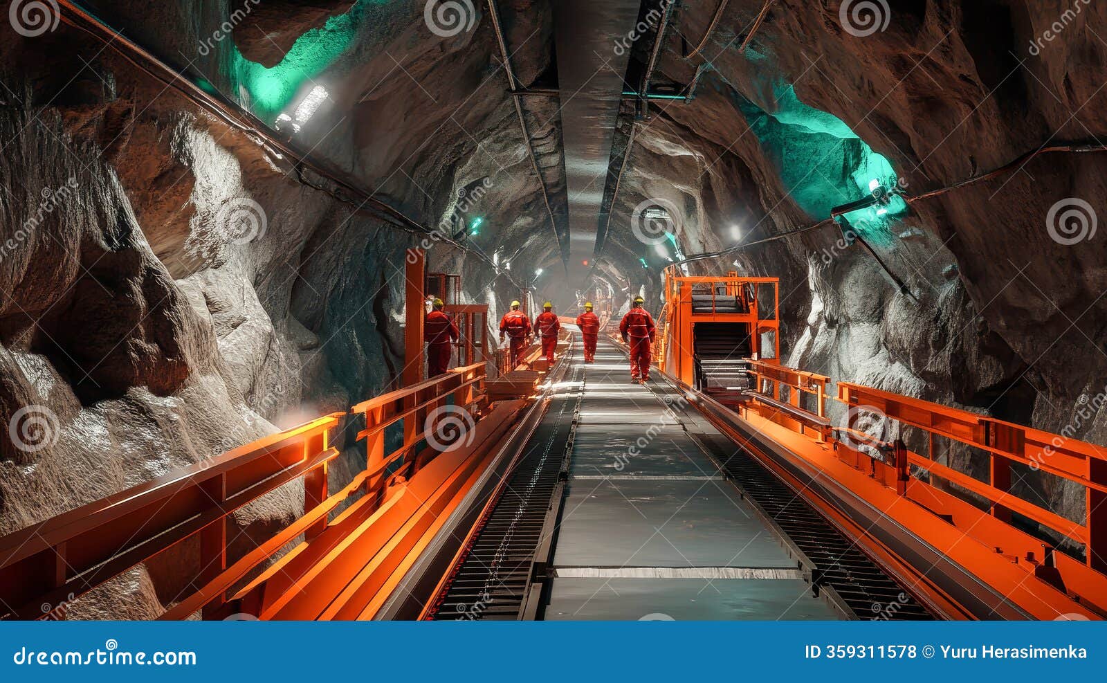 Illuminated Mine Tunnel Showcasing Workers And Orange Conveyor Belt In ...