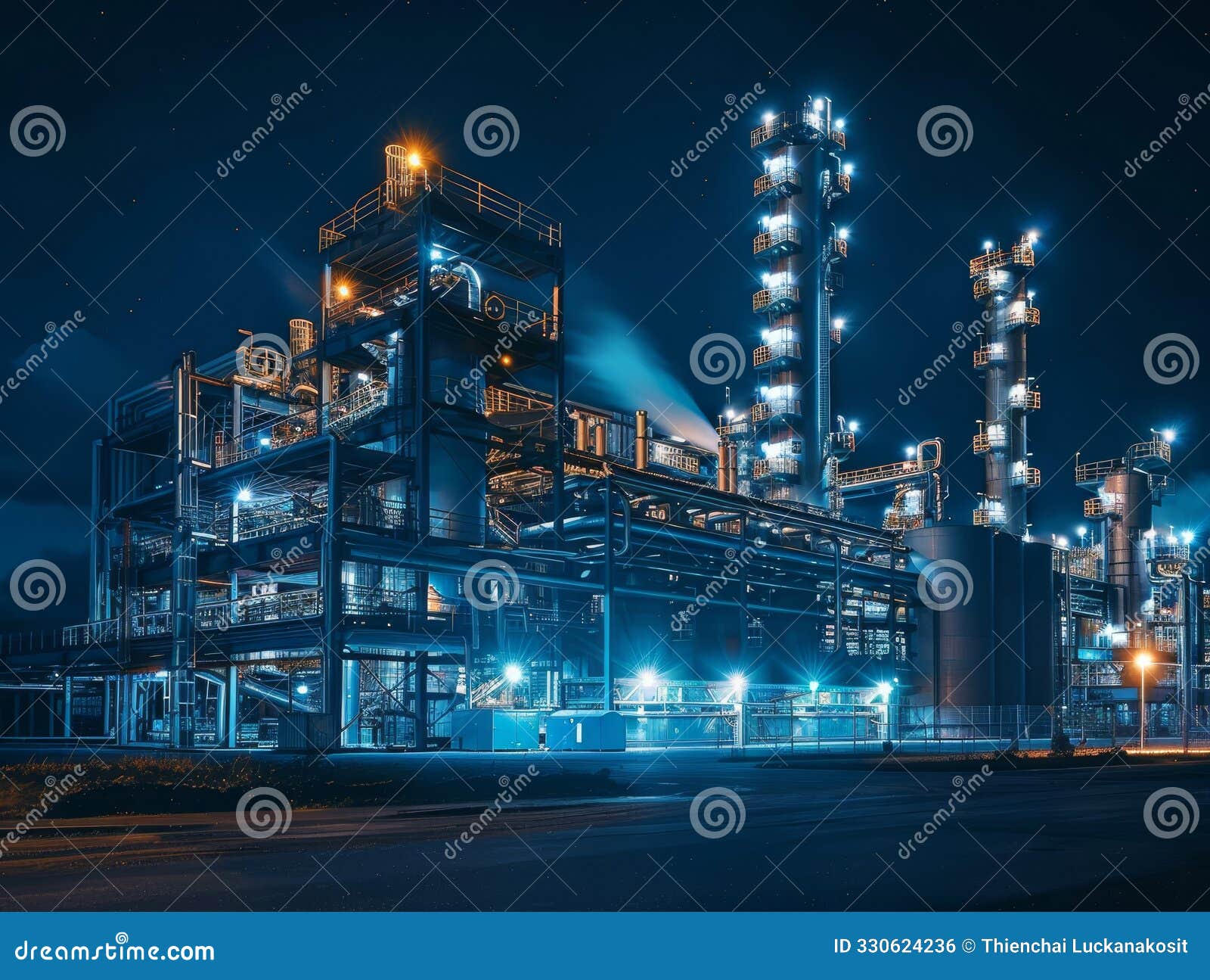 Illuminated Modern Industrial Complex at Night with Clear Sky ...