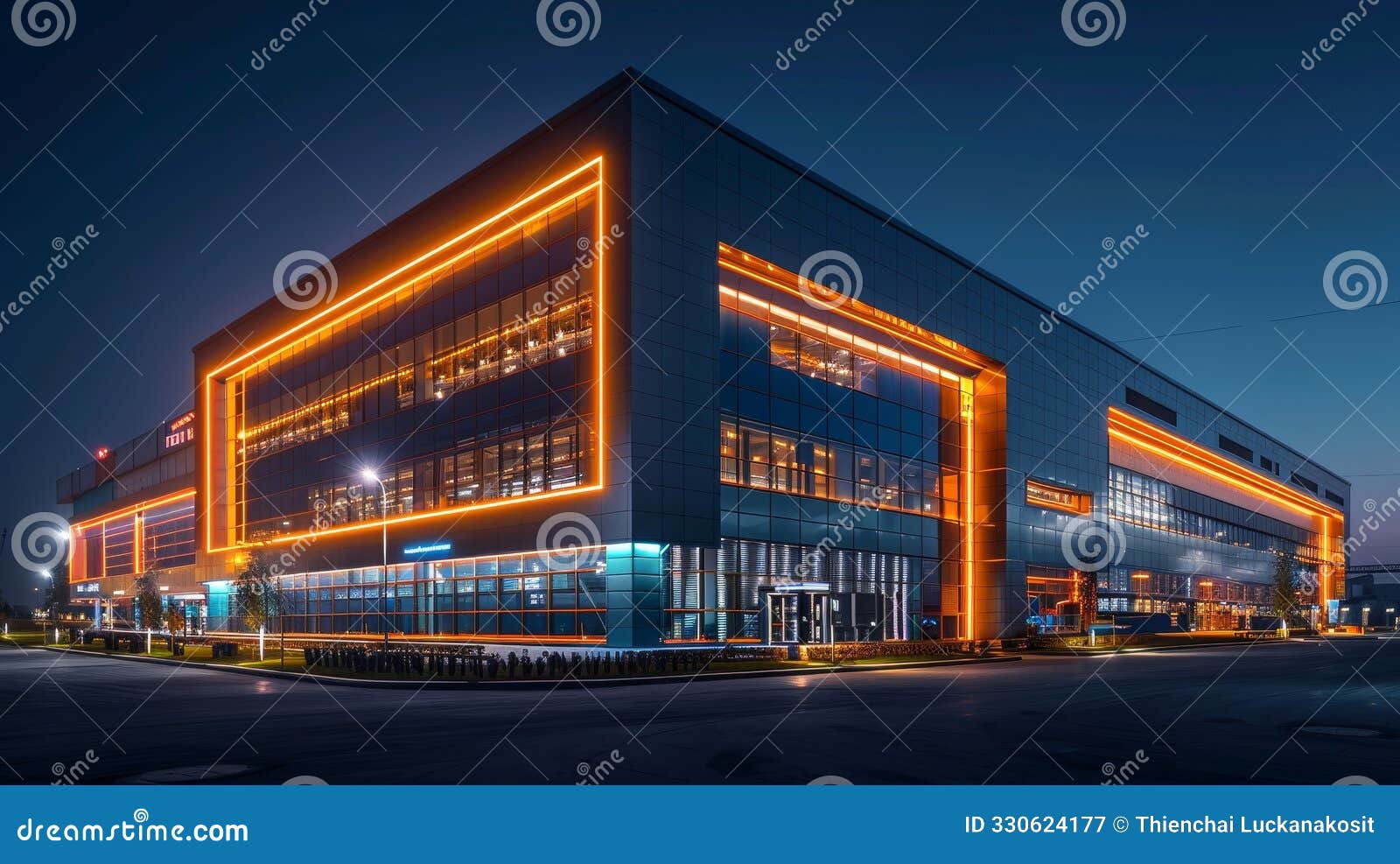 Illuminated Modern Industrial Complex at Night with Futuristic ...