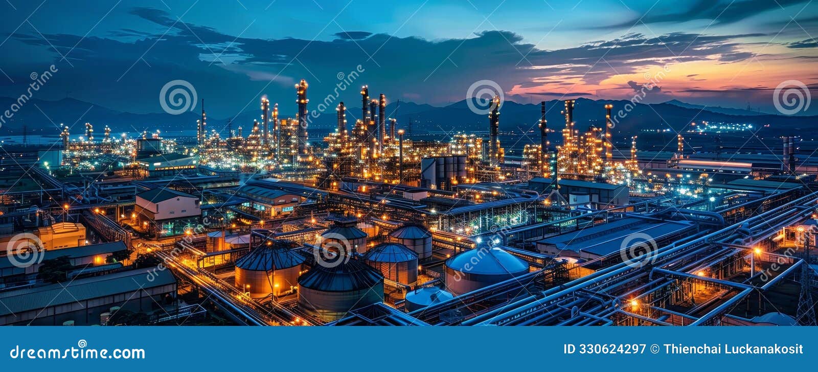 Illuminated Modern Industrial Complex at Night - Urban Architecture in ...