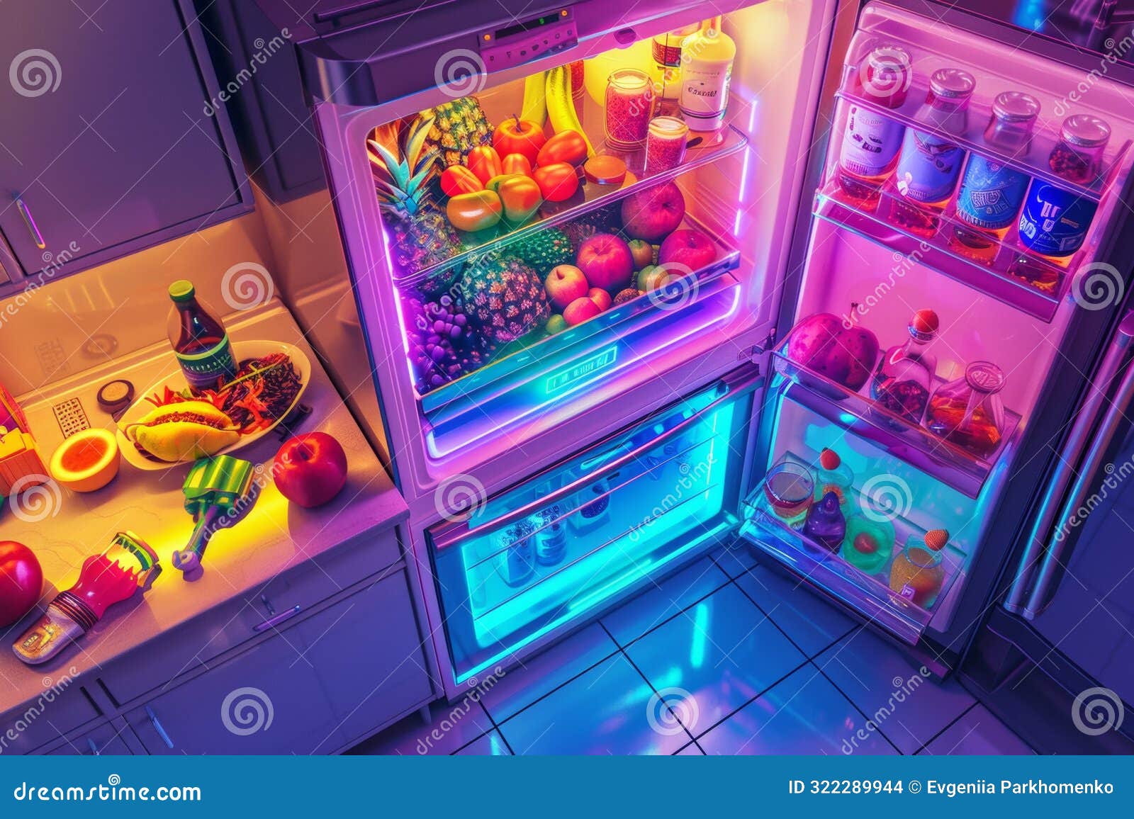 Illuminated Modern Kitchen Fridge Stocked with Fresh Produce and ...