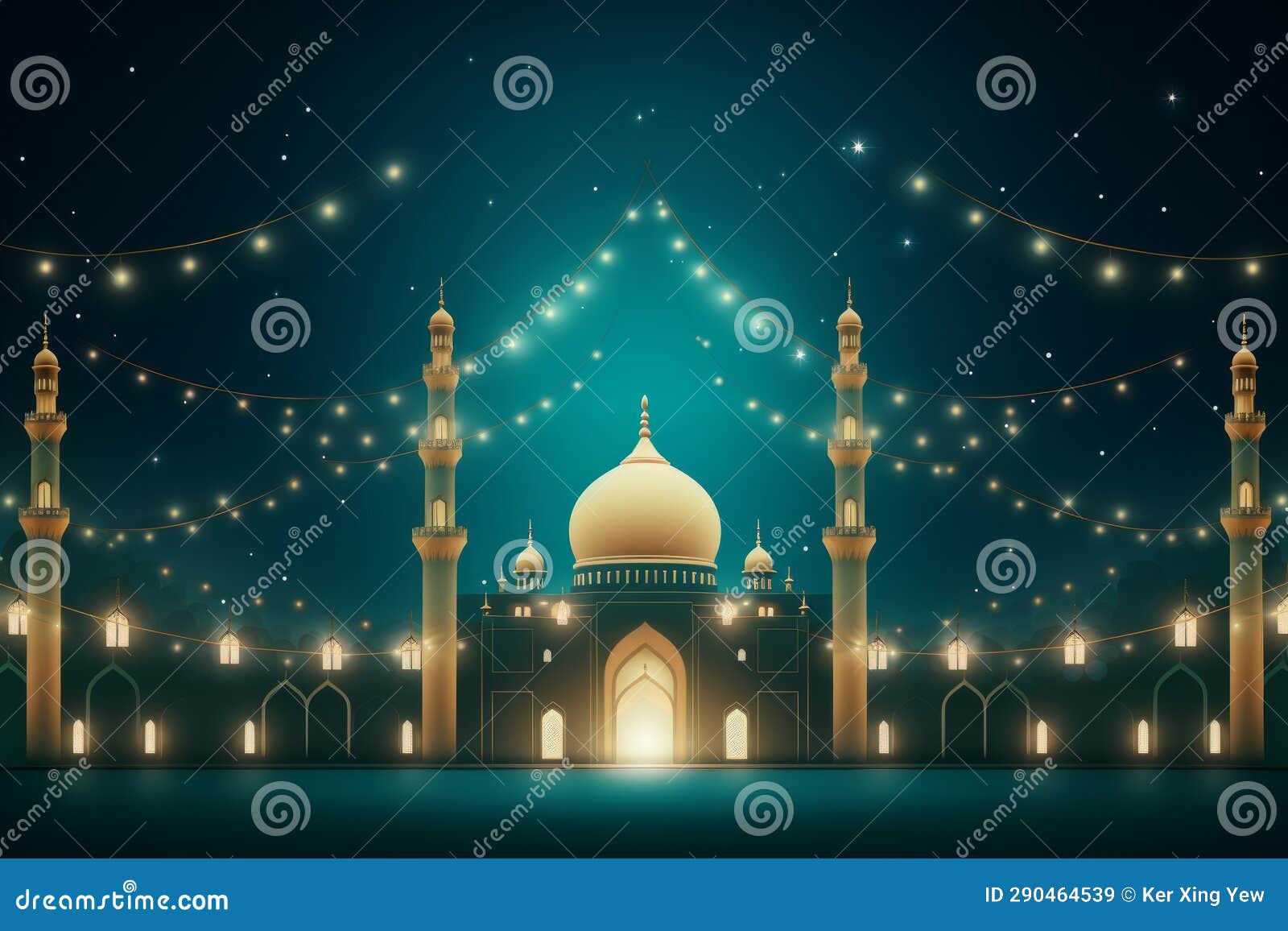 Illuminated Mosque with Decorative Lights Stock Illustration ...