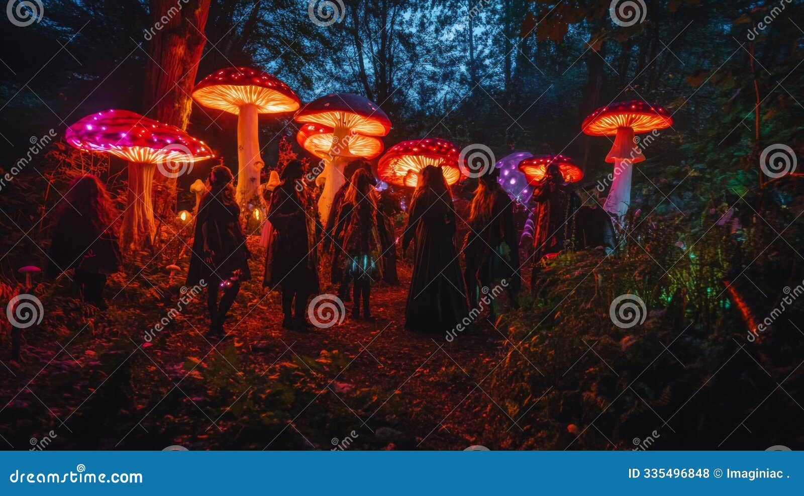 Illuminated Mushroom Structures and Figures in a Dark Forest Stock ...