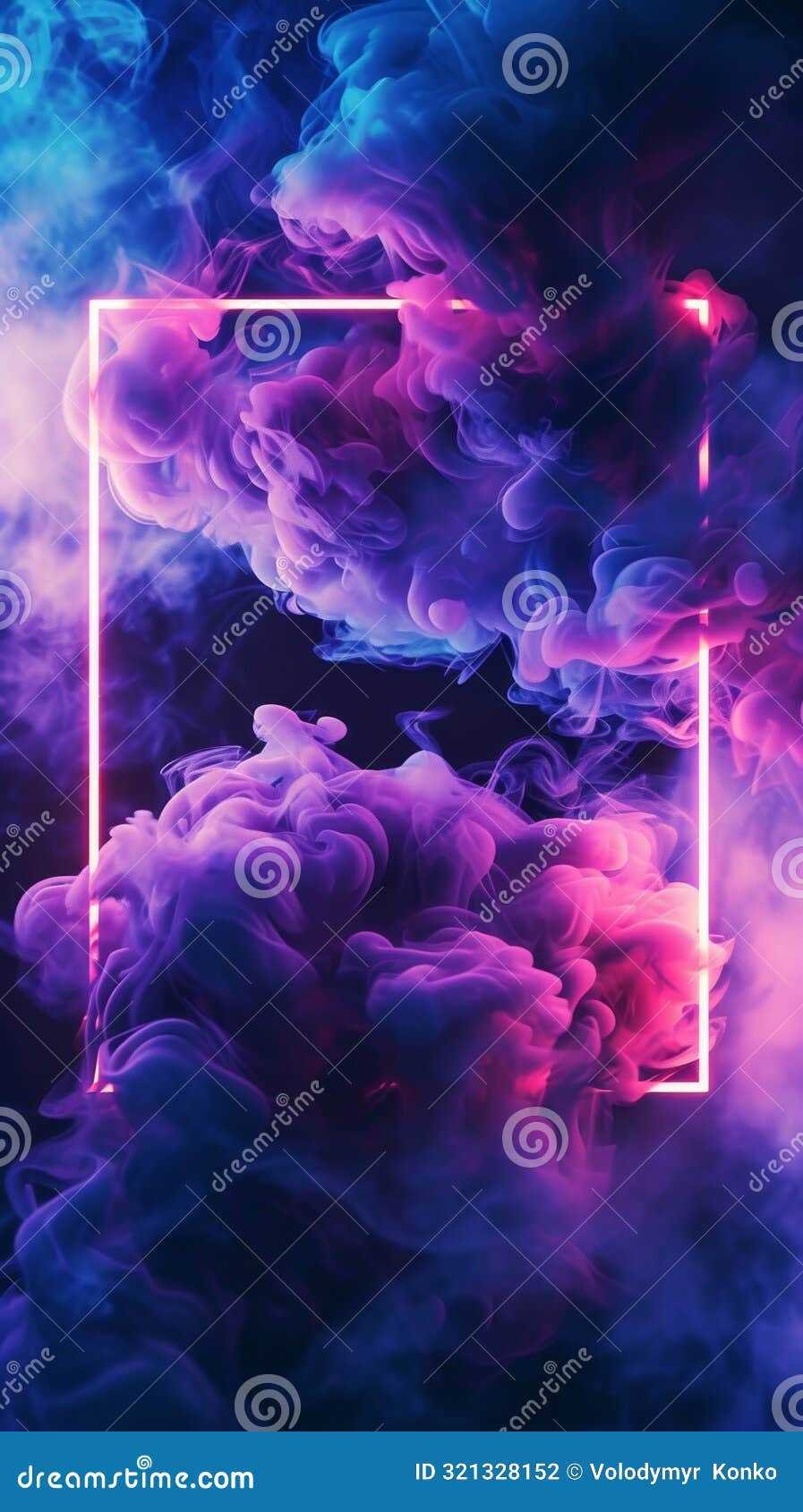 Illuminated Neon Rectangle Frame Surrounded by Colorful Smoke Clouds ...
