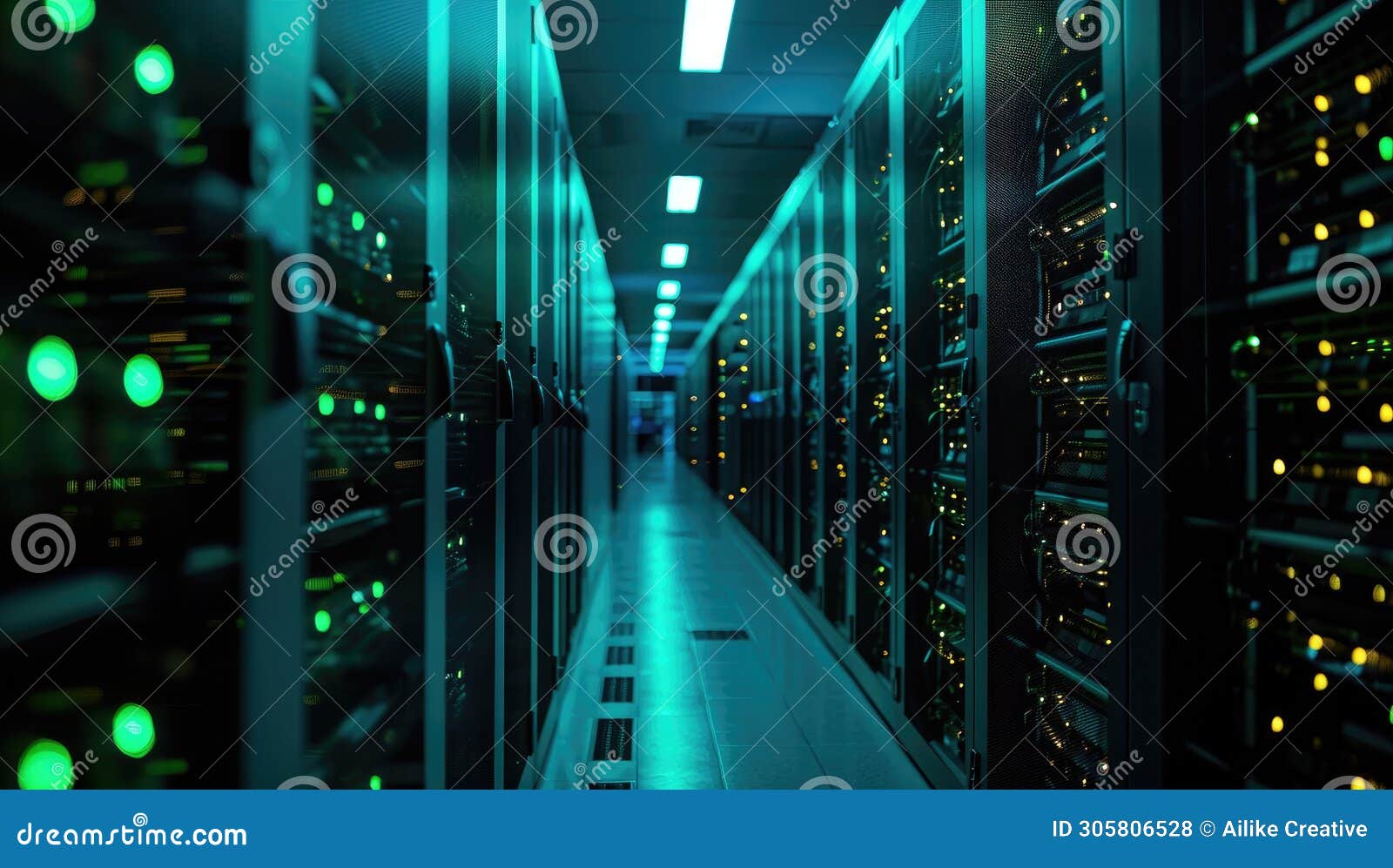 Illuminated Network Servers in Data Center Aisle Stock Illustration ...