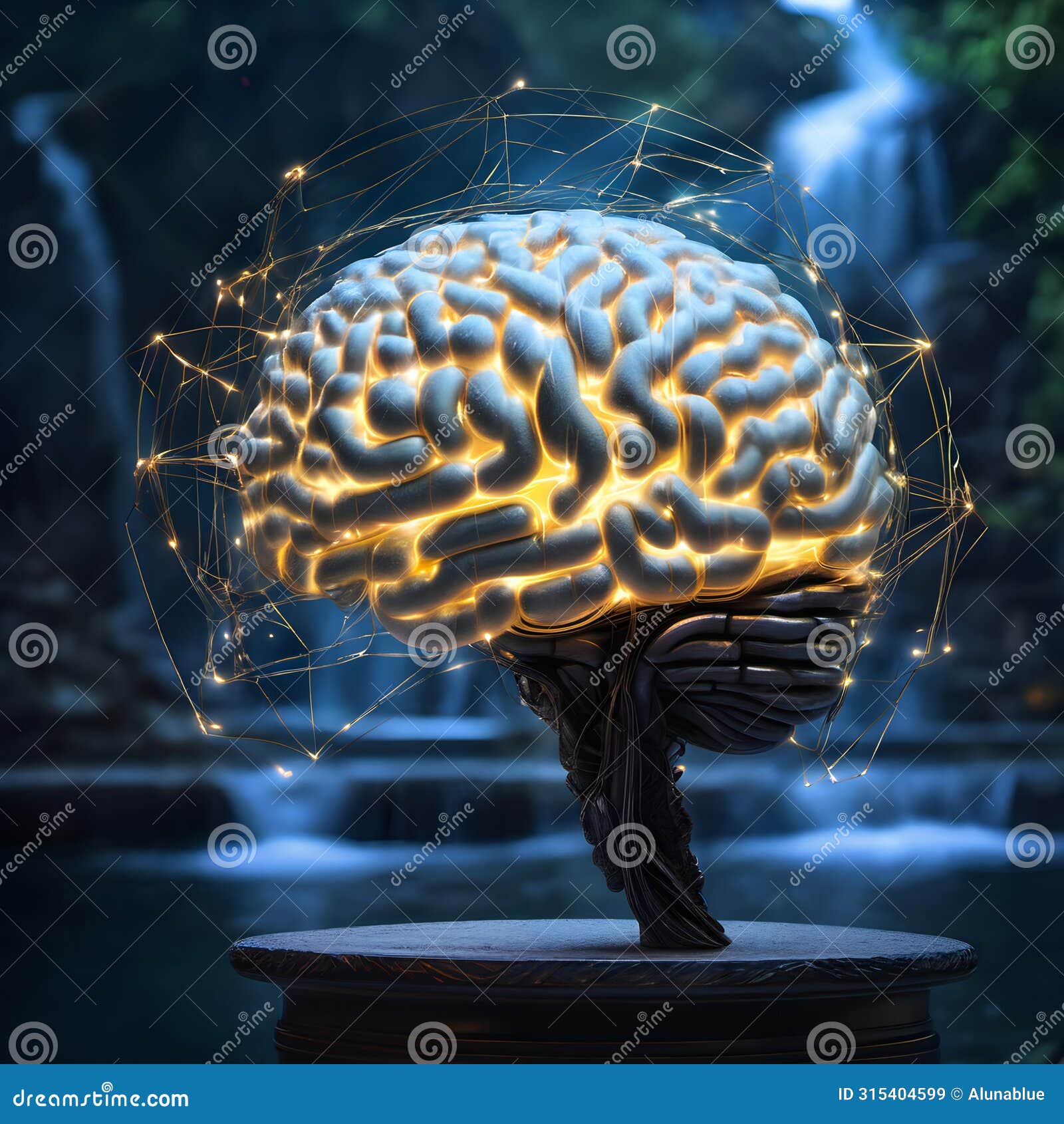 Illuminated Neural Network Brain Sculpture on Pedestal Against ...