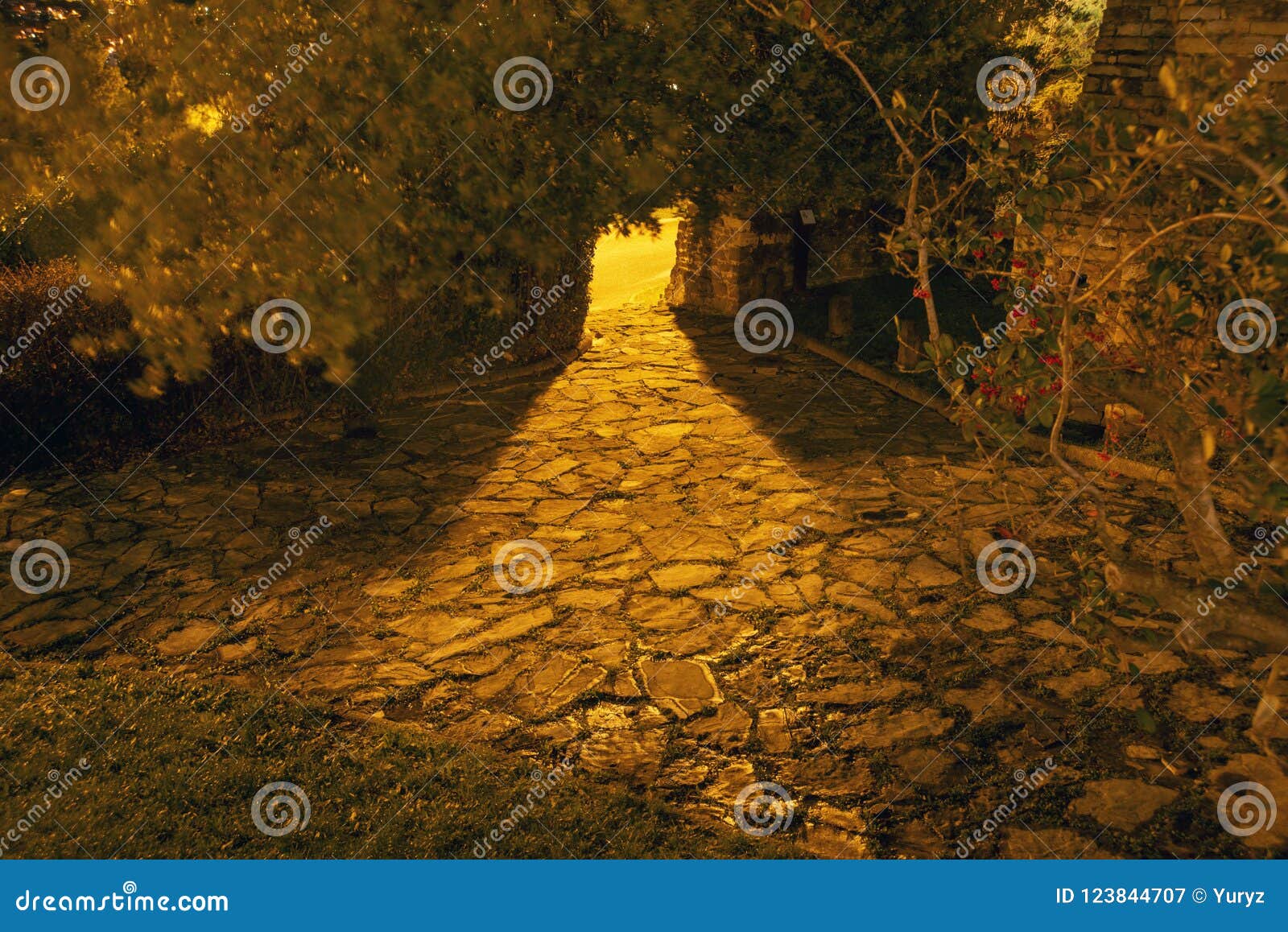 Illuminated night path stock image. Image of small, doorway - 123844707