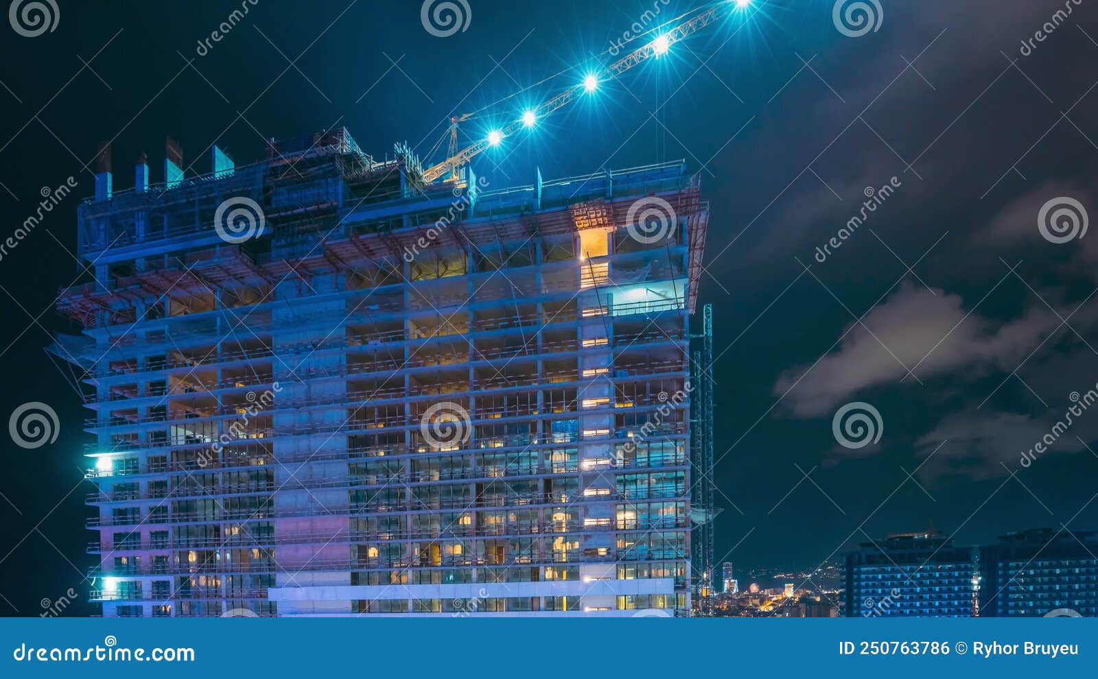 Illuminated Night Time Work. Machinery with Workers are Engaged in ...