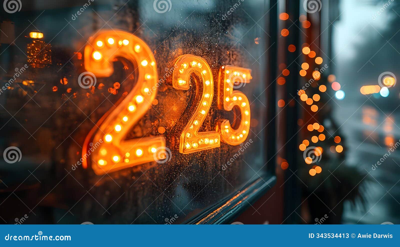 Illuminated Number Sign 225 on Rainy Night, Illustration Stock ...